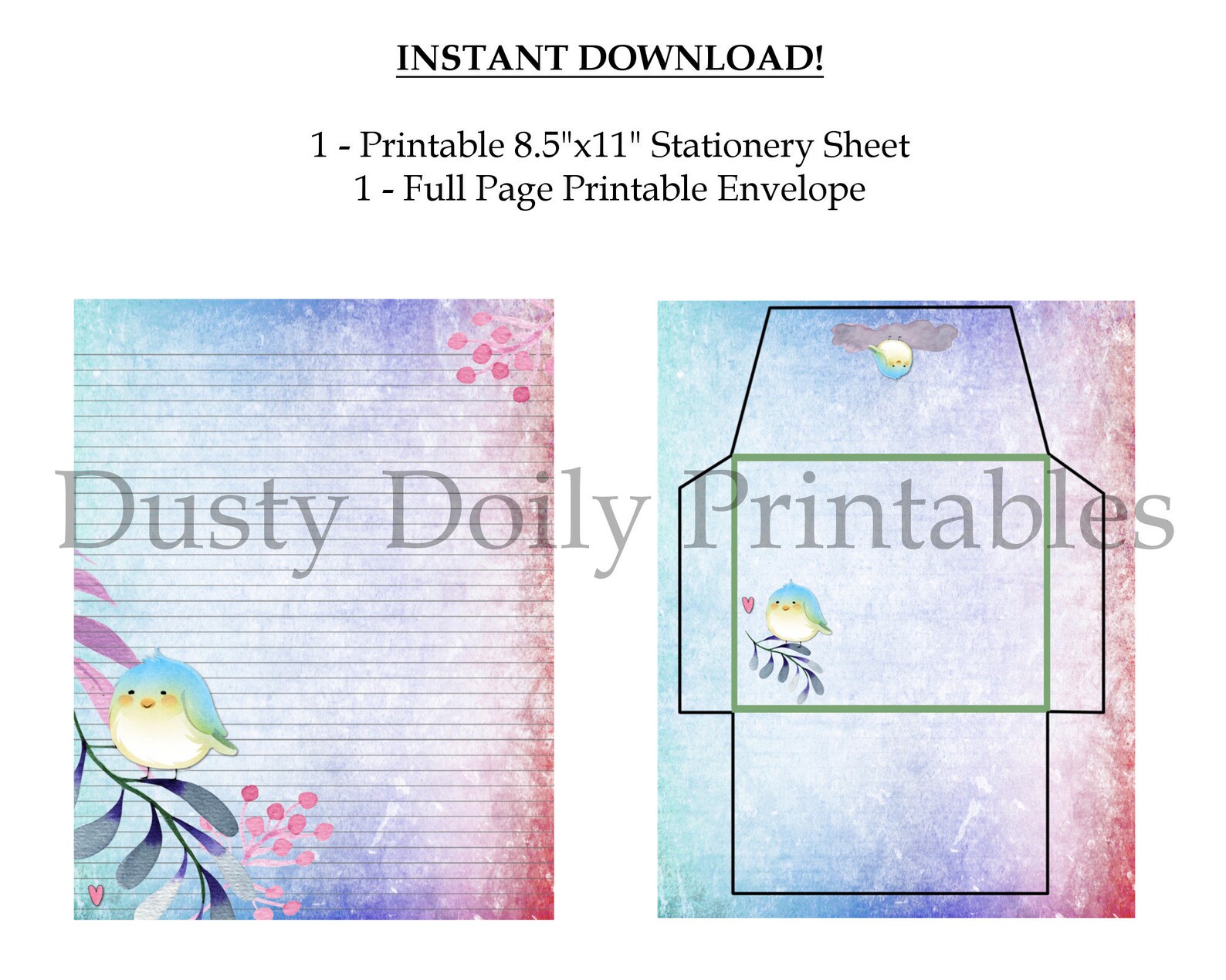 Bluebird Printable Stationery Set | Envelope 8.5x11 Lined Watercolor ...