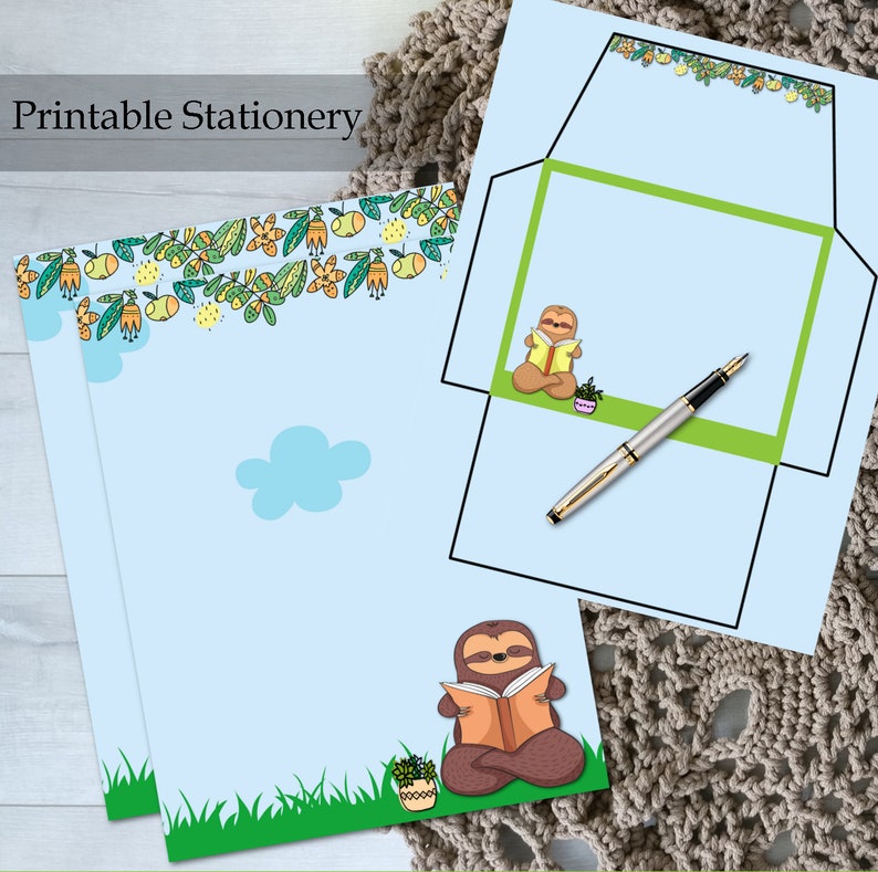 Sloth Printable Stationery Letter Set | Envelope 8.5x11 Penpals - Etsy