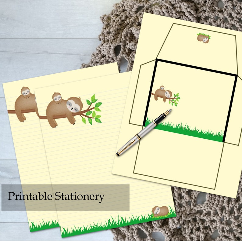 Sloth Printable Stationery Letter Set | Envelope 8.5x11 Mom Baby Sloths ...