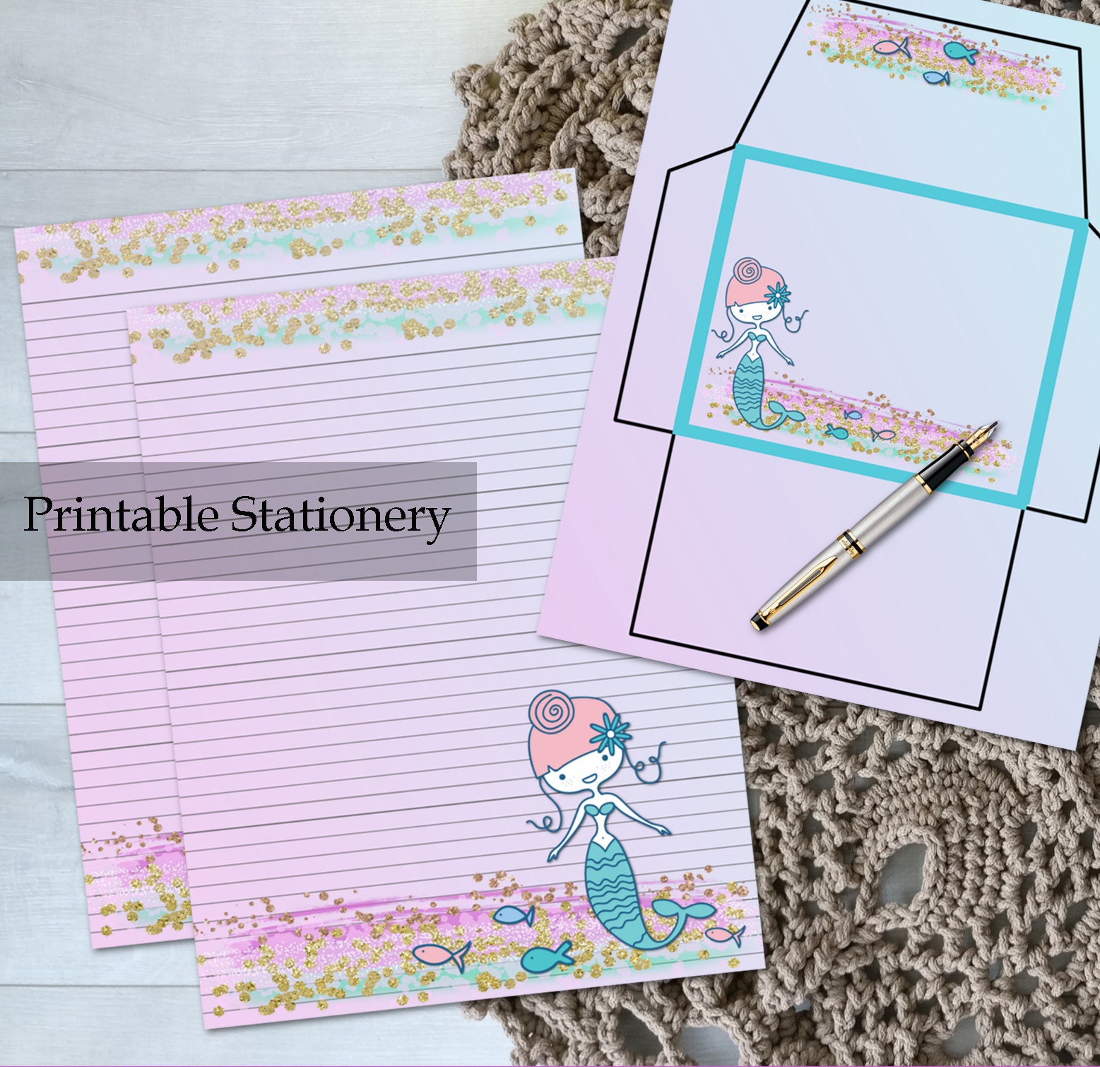 Mermaid Printable Stationery Letter Set | Envelope 8.5x11 Fish Sea ...
