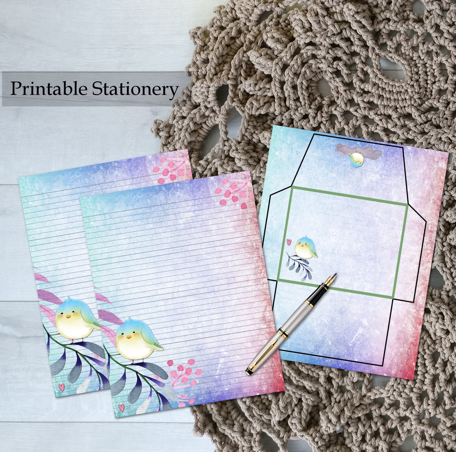 Bluebird Printable Stationery Set | Envelope 8.5x11 Lined Watercolor ...