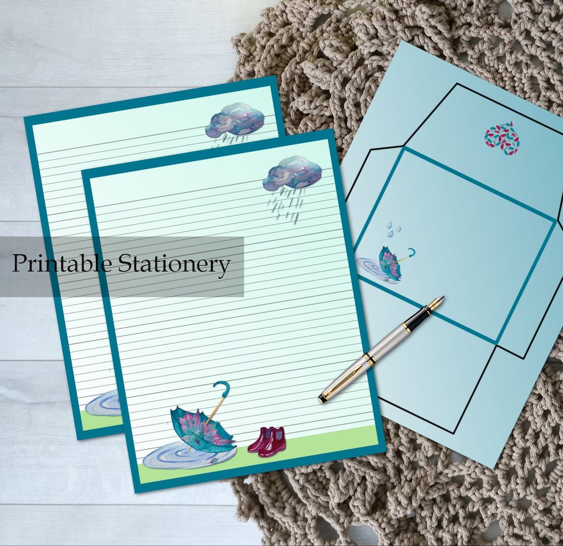 Umbrella Stationery Rainy Day Printable Penpal Letter Set With Rain ...