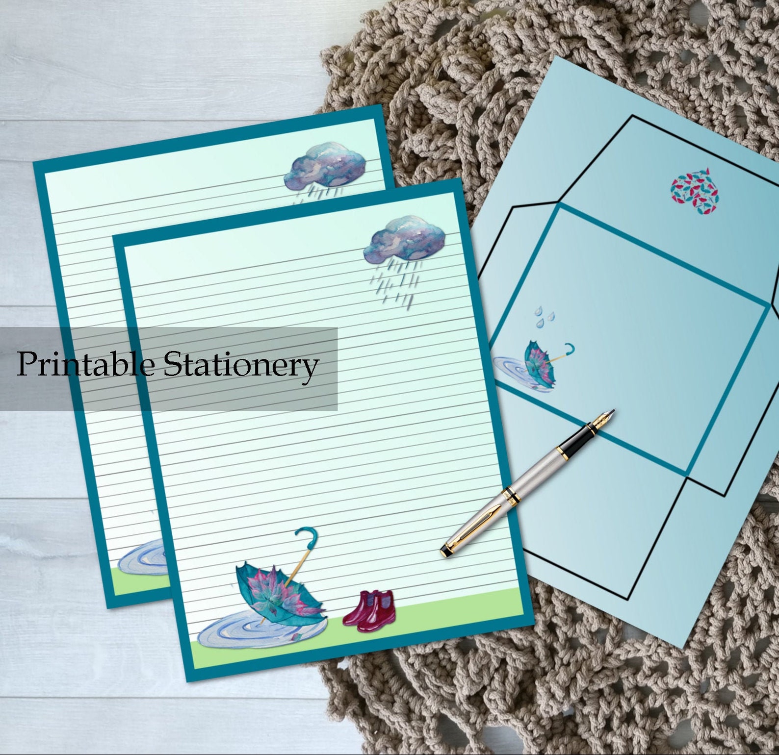 Umbrella Stationery Rainy Day Printable Penpal Letter Set With Rain ...