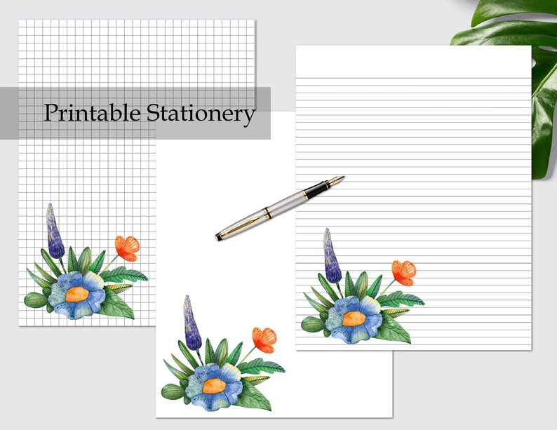 Watercolor Flowers Printable Graph Paper Lined Unlined Stationery Set ...