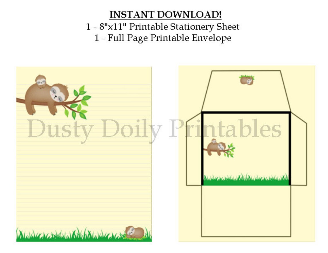Sloth Printable Stationery Letter Set | Envelope 8.5x11 Mom Baby Sloths ...