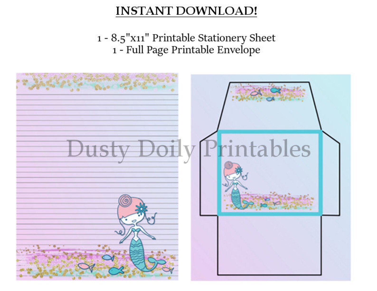 Mermaid Printable Stationery Letter Set | Envelope 8.5x11 Fish Sea ...