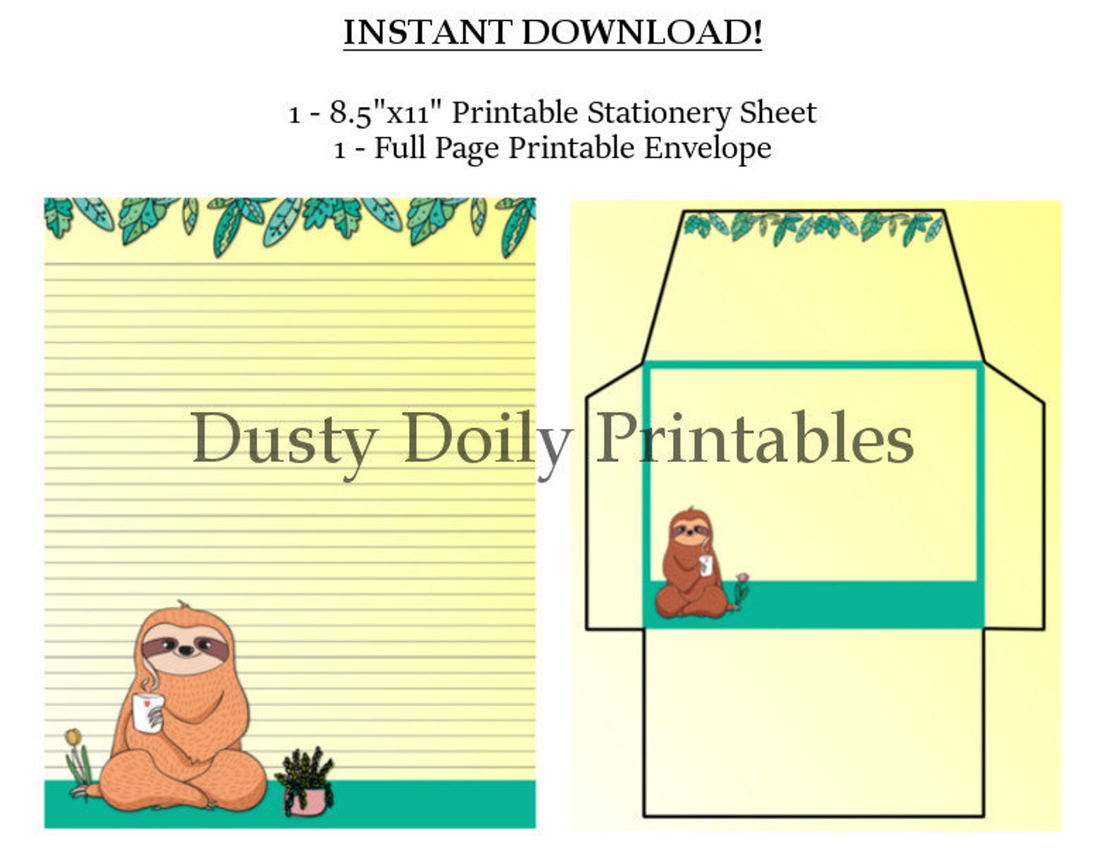 Sloth Printable Stationery Letter Set With Coffee | Envelope 8.5x11 - Etsy