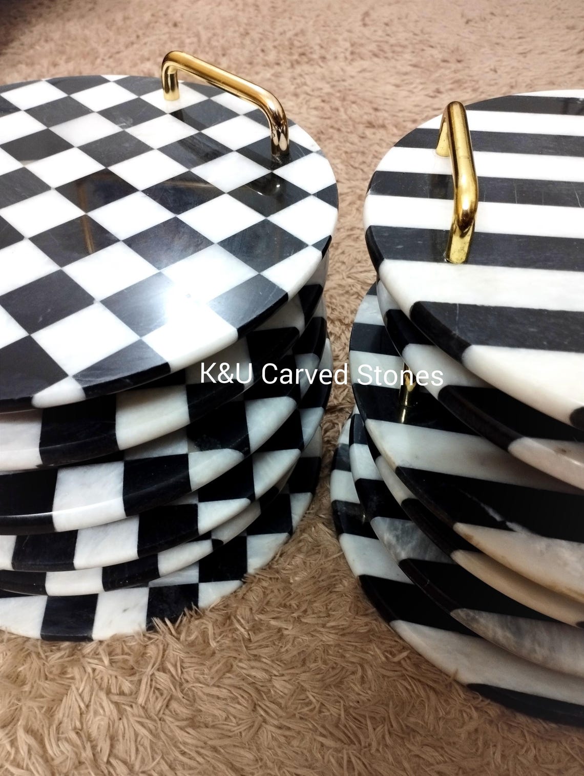 Black & White Checkered Marble Tray: Gold Handles, Handmade Home Decor ...