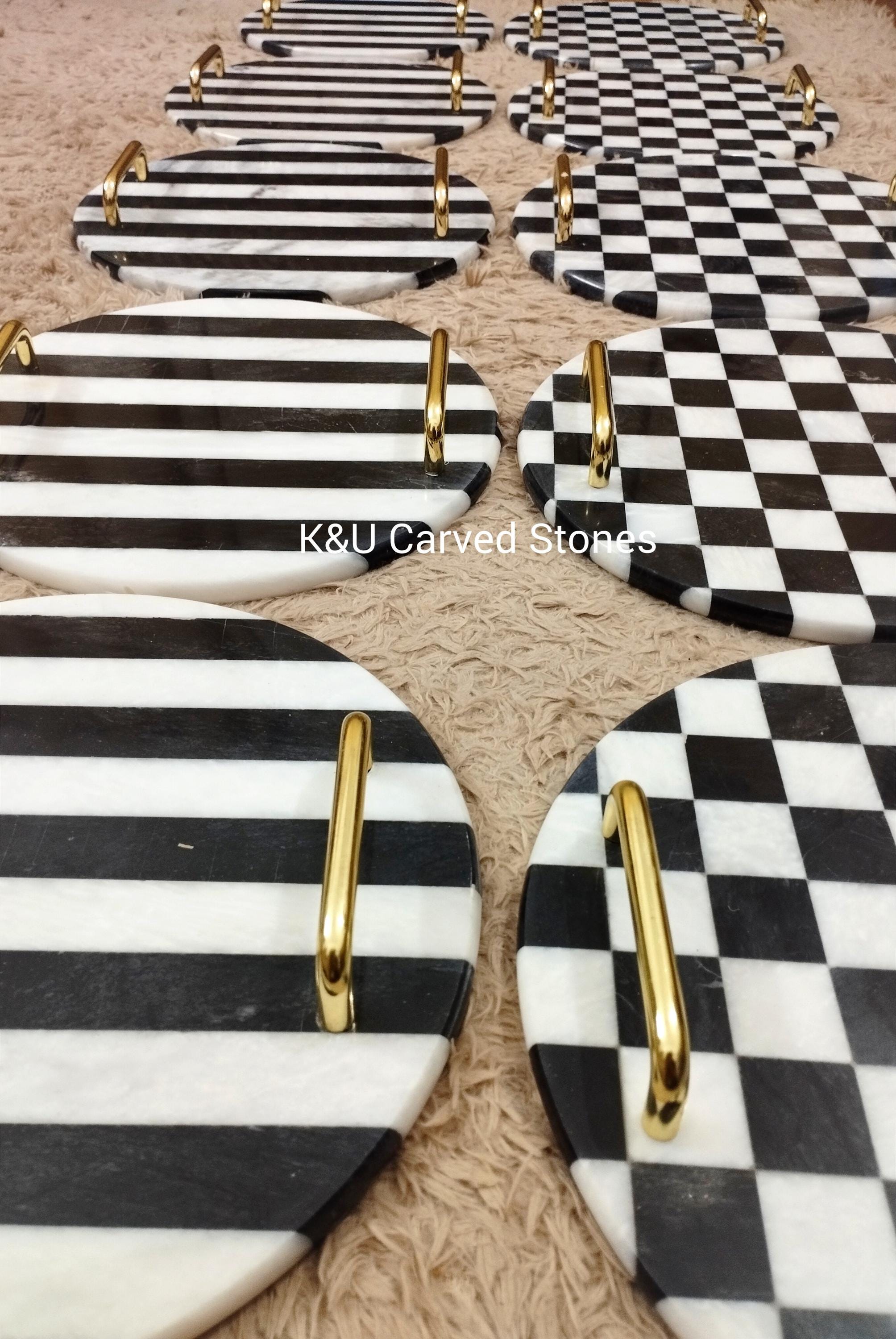 Black & White Checkered Marble Tray: Gold Handles, Handmade Home Decor ...
