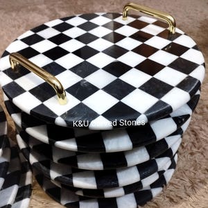 Black & White Checkered Marble Tray: Gold Handles, Handmade Home Decor ...