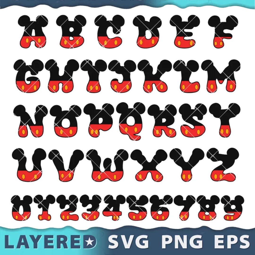 Mickey Font SVG, Birthday Alphabet, Mickey Alphabet Letters Numbers Set ...