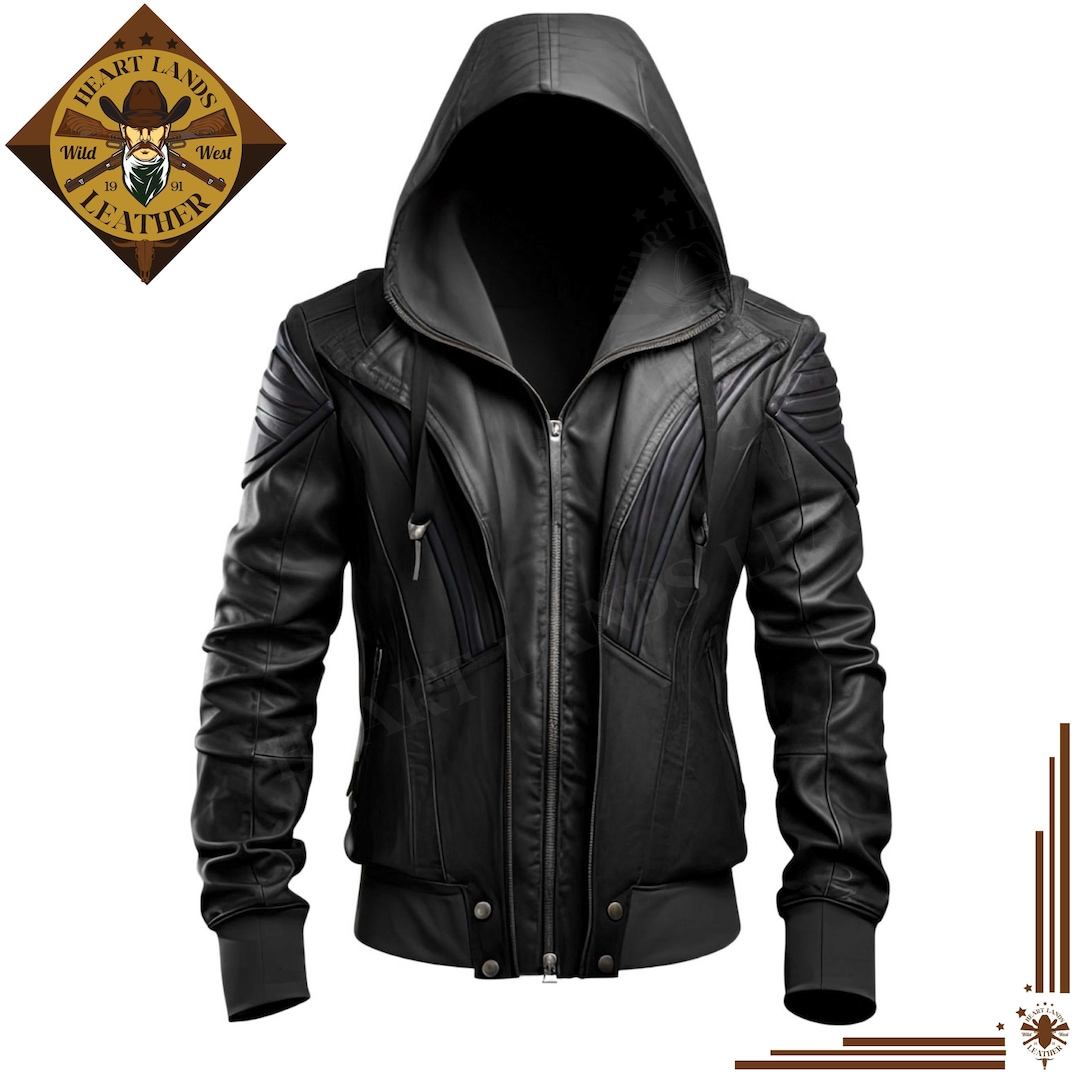 Mens Leather Jacket Black Biker Sheepskin Hooded Motorcycle Jacket - Etsy