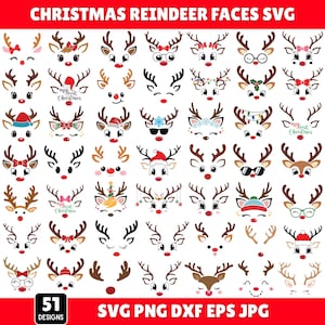 Christmas Reindeer Faces PNG Bundle, Girl Reindeer SVG, Boy Reindeer ...