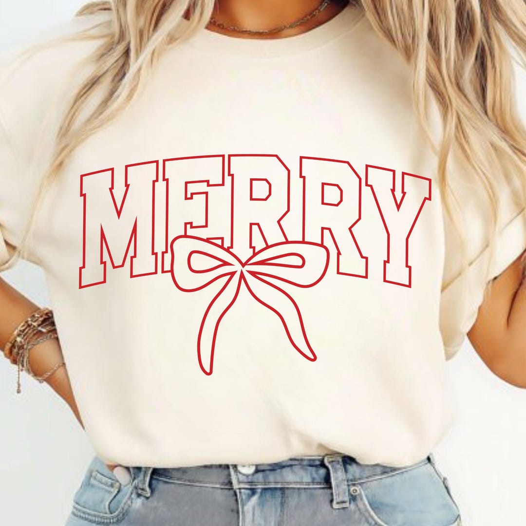 MERRY SVG Christmas Design, Retro Varsity Bow Svg Png, Merry Christmas ...