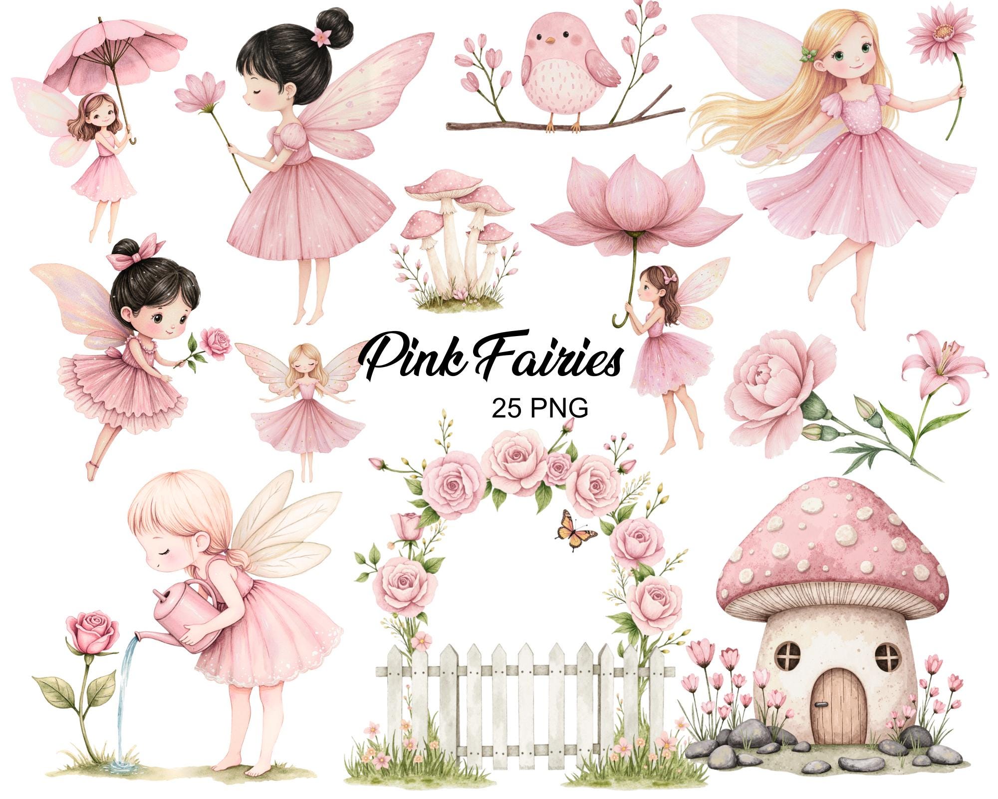 Pink Woodland Fairy Clipart Bundle, Watercolor Pastel Fairies, Birthday ...