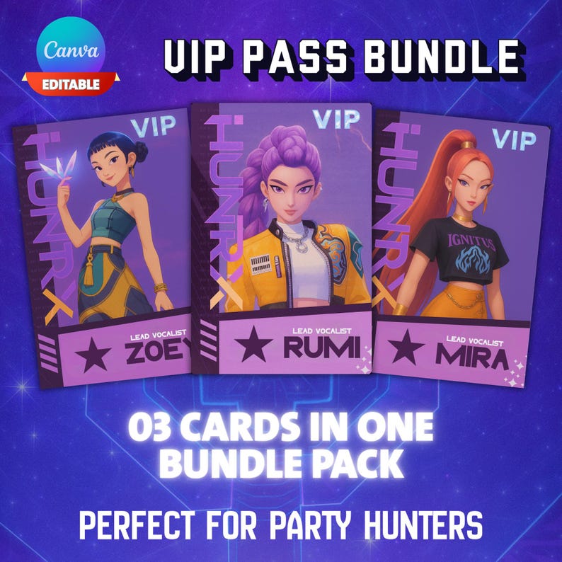 Kpop Huntrix VIP Pass Set | Rumi, Zoey & Mira Kpop Demon Hunters ID ...