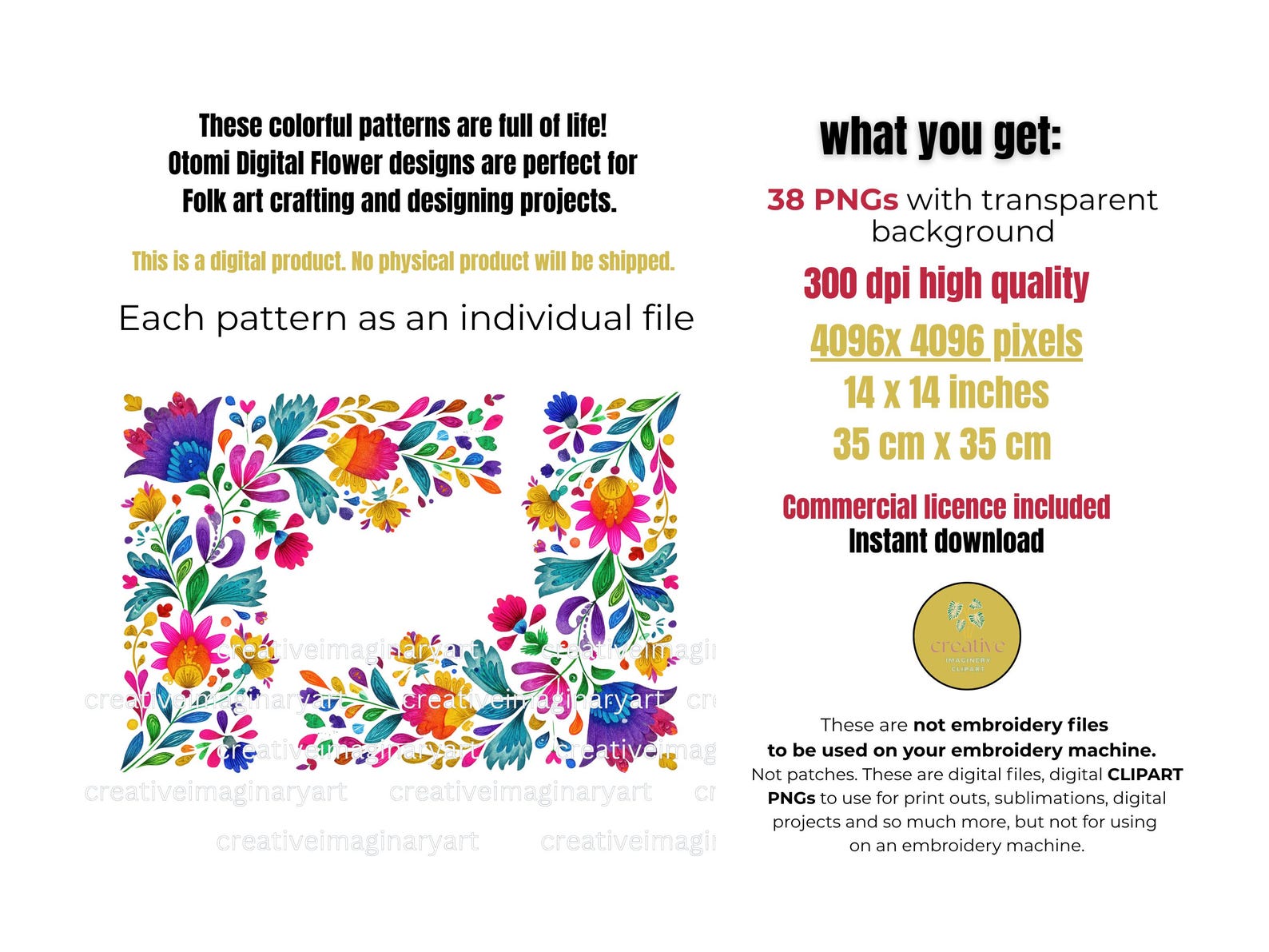 Otomi Flower Border Frames PNG Clipart Bundle: Mexican Folk Floral ...