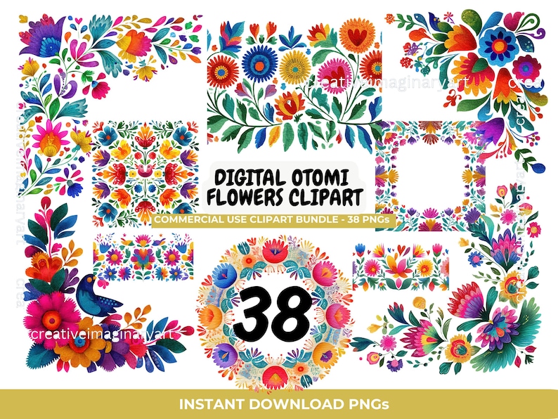 Otomi Flower Border Frames PNG Clipart Bundle: Mexican Folk Floral ...