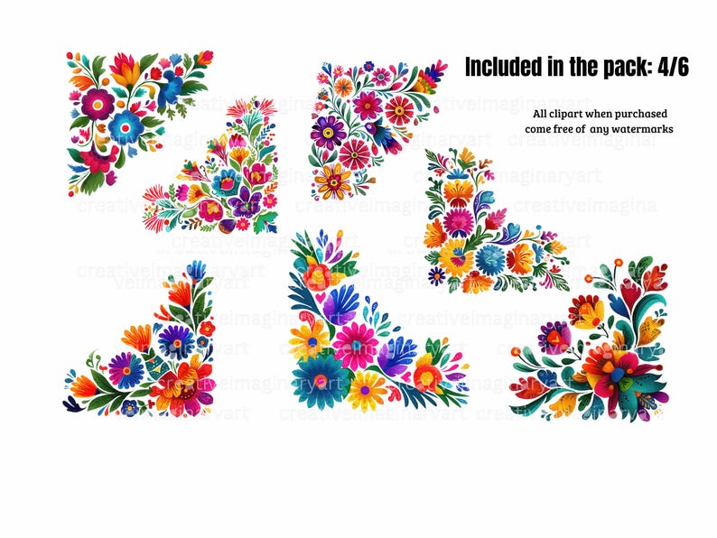 Otomi Flower Border Frames PNG Clipart Bundle: Mexican Folk Floral ...