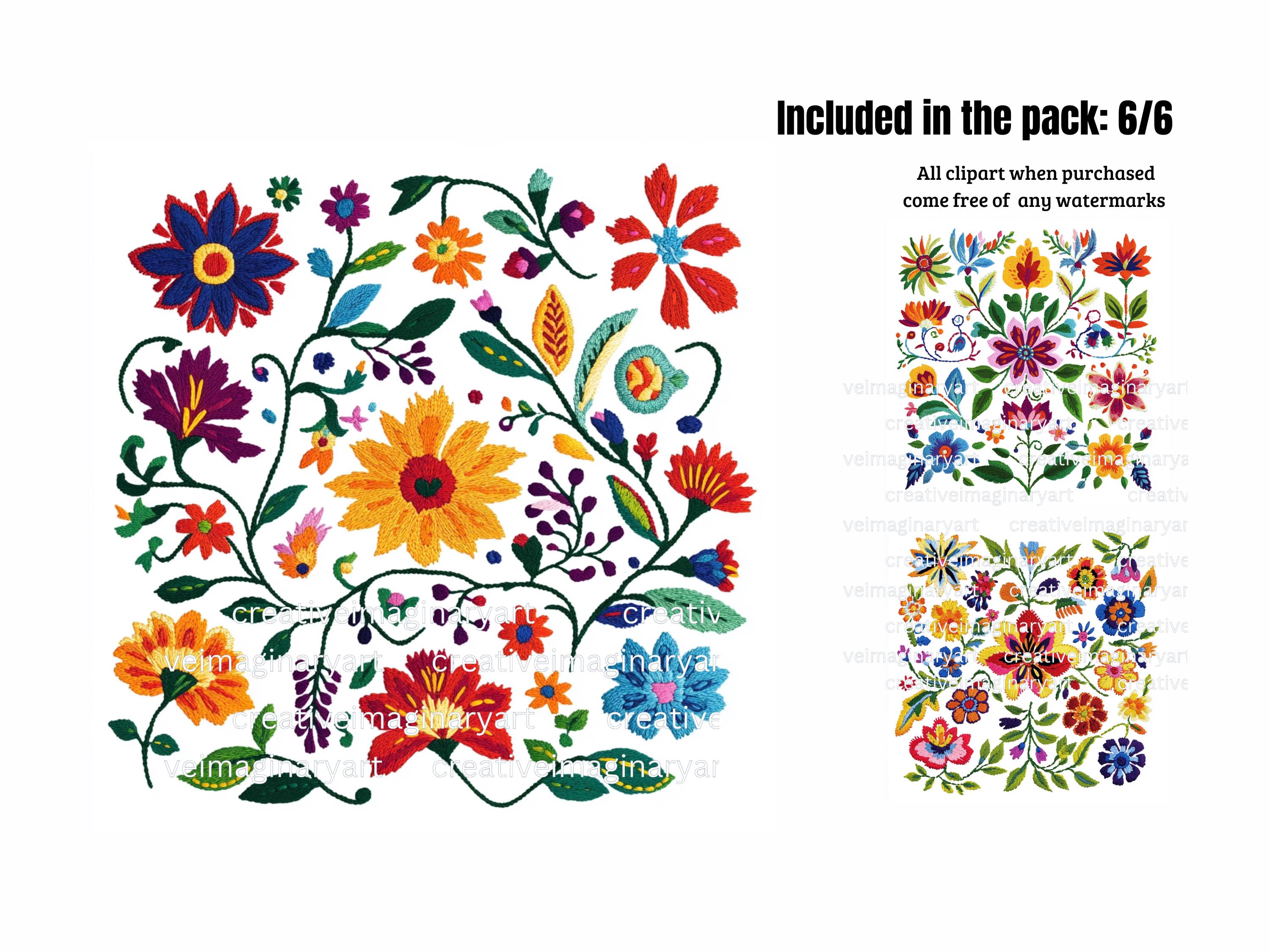 Mexican Embroidery Clipart: Fiesta Flowers PNG Patterns (digital ...