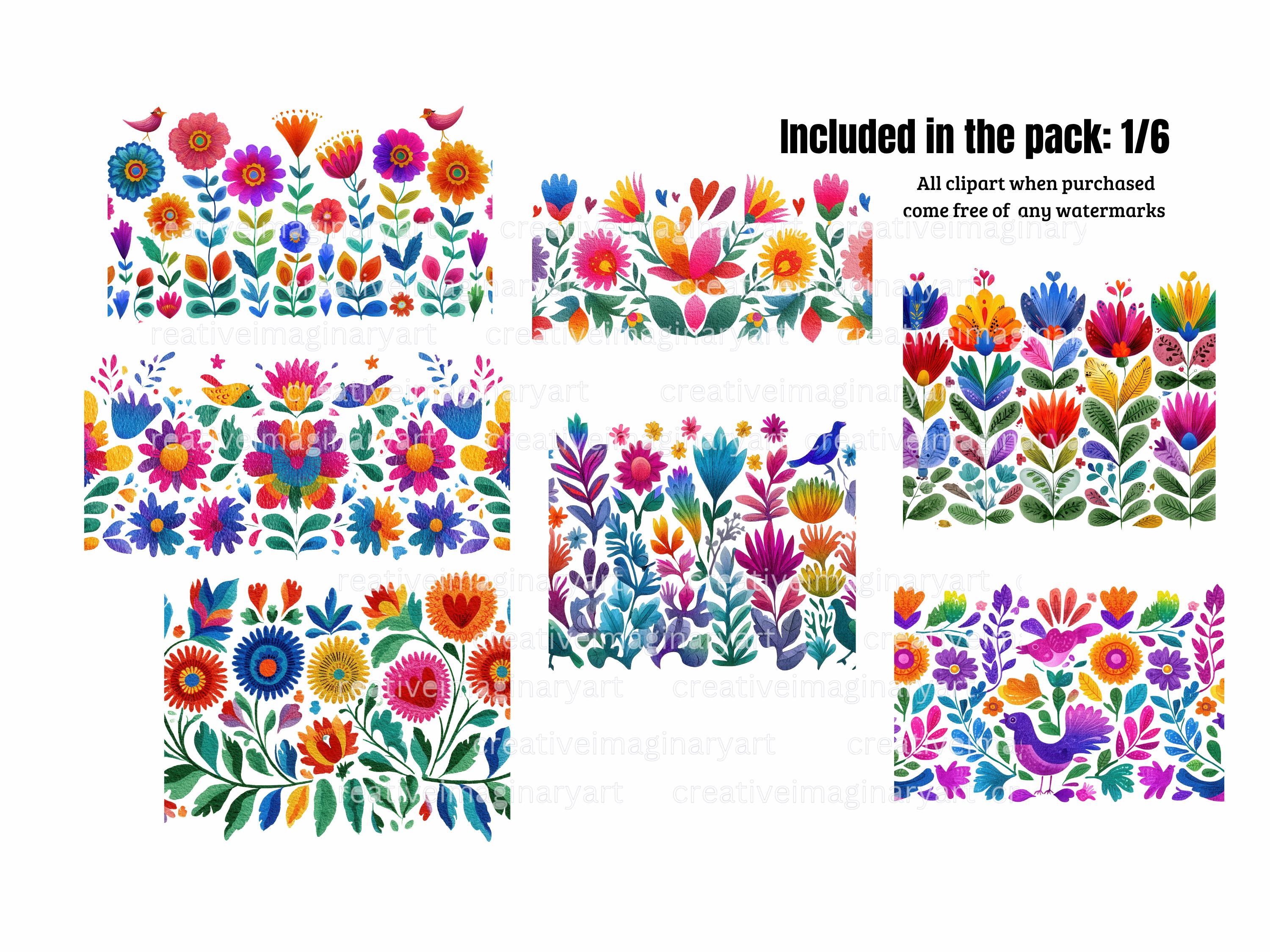 Otomi Flower Border Frames PNG Clipart Bundle: Mexican Folk Floral ...