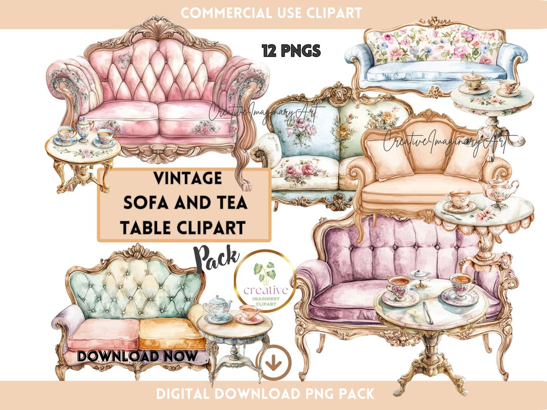 Antique Furniture Clipart, Vintage Sofa & Tea Table Illustration ...