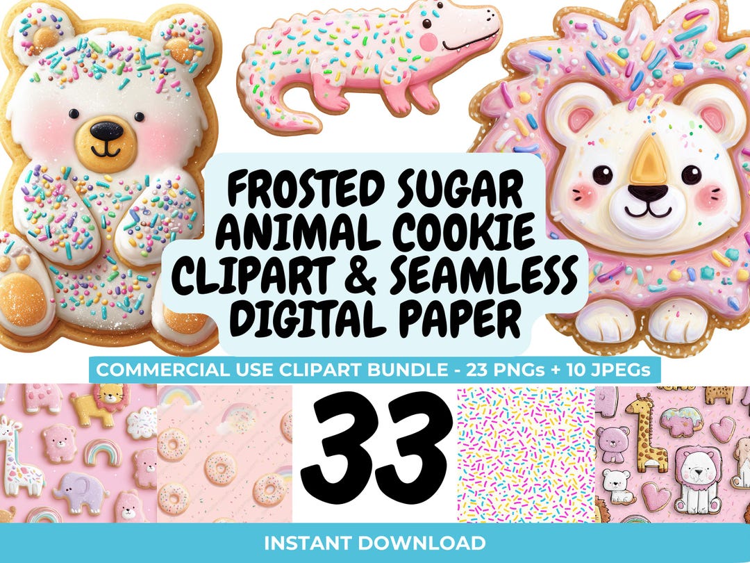 Frosted Sugar Cookie Animal Clipart Bundle + Seamless Digital Papers ...