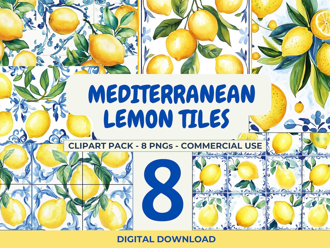Mediterranean Lemon Tiles PNG Clipart, Watercolor Lemon Patterns, Ceramic Designs, Blue & Yellow ...