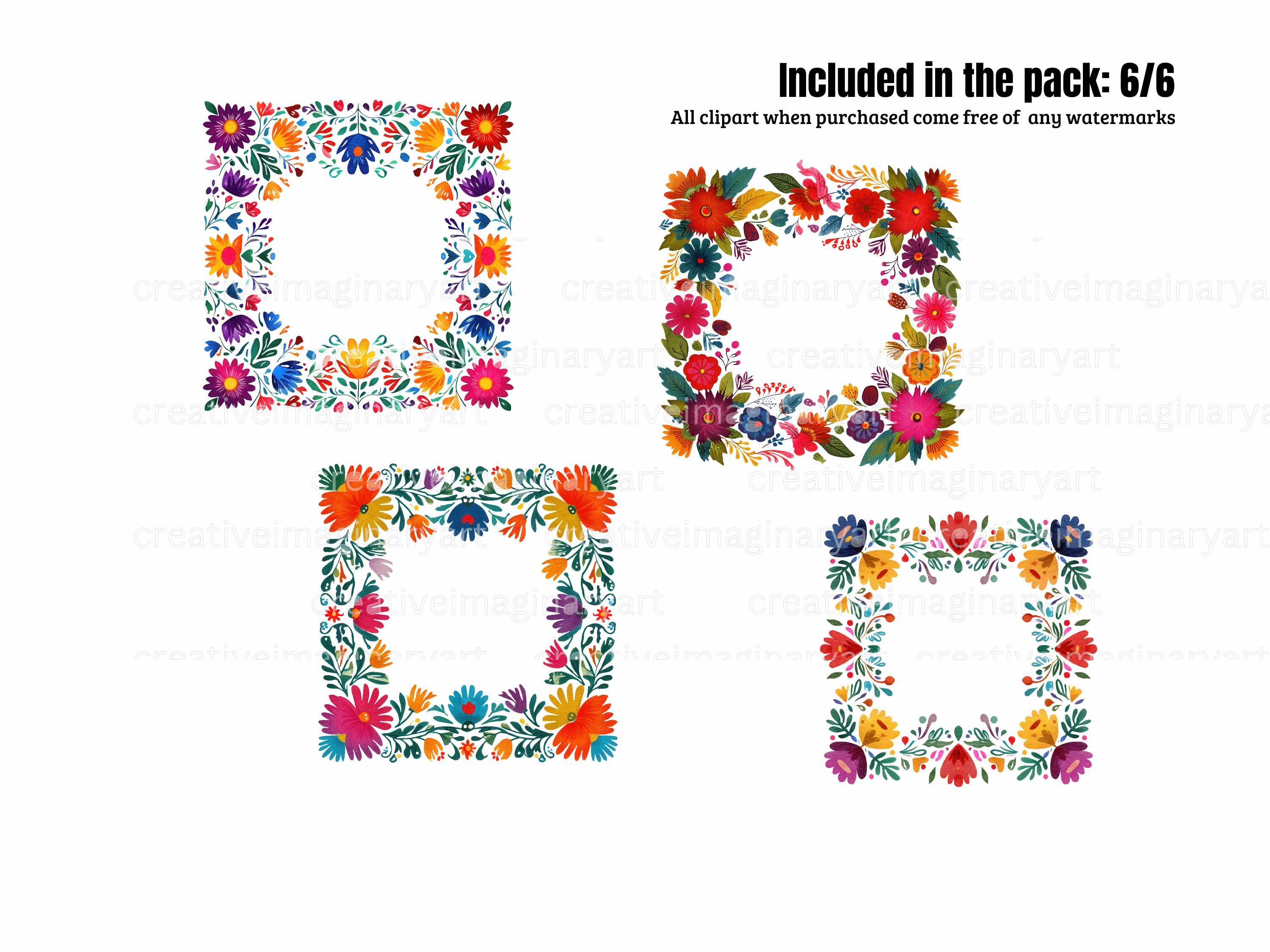 Otomi Flower Border Frames PNG Clipart Bundle: Mexican Folk Floral ...