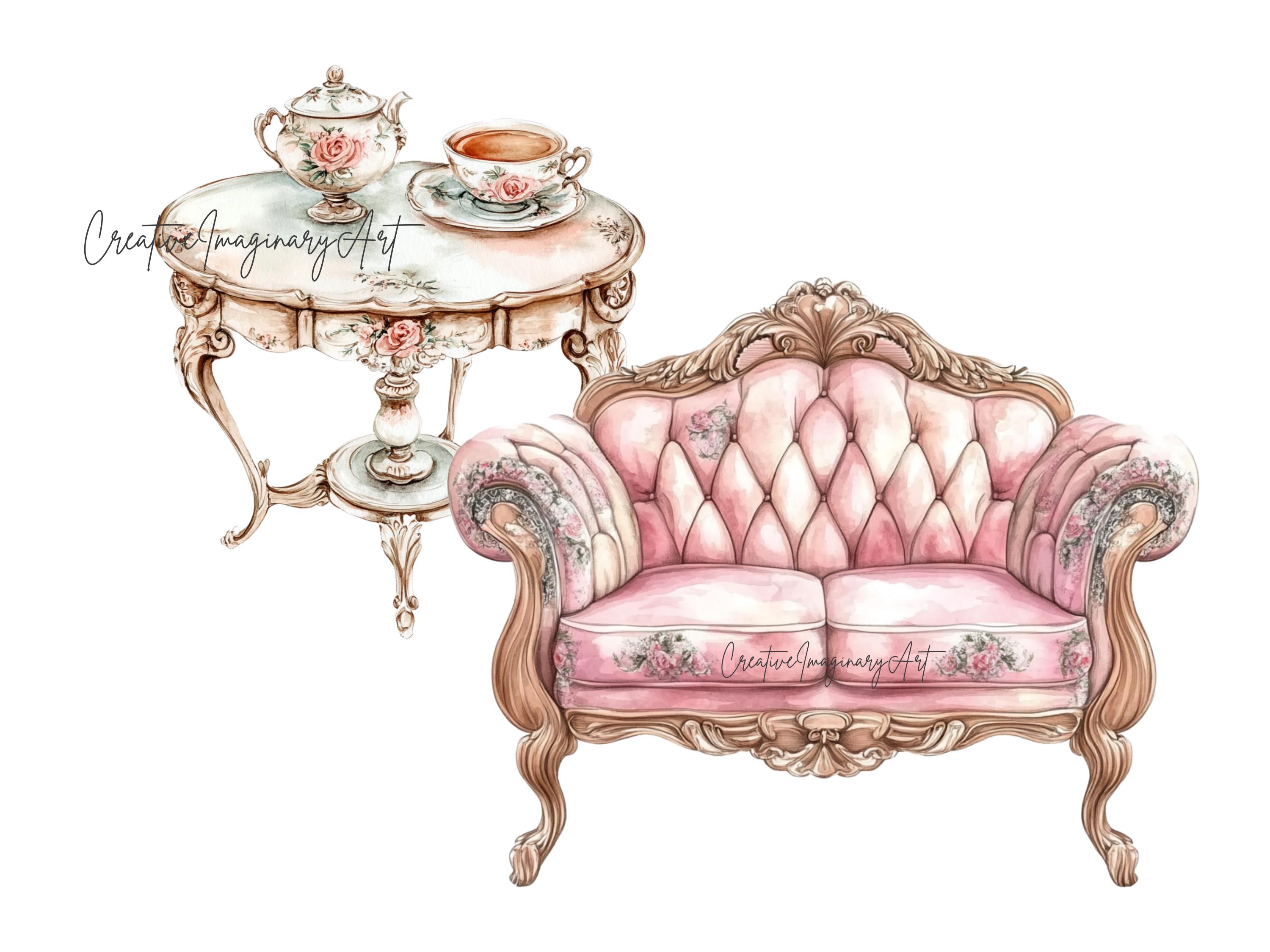 Antique Furniture Clipart, Vintage Sofa & Tea Table Illustration ...