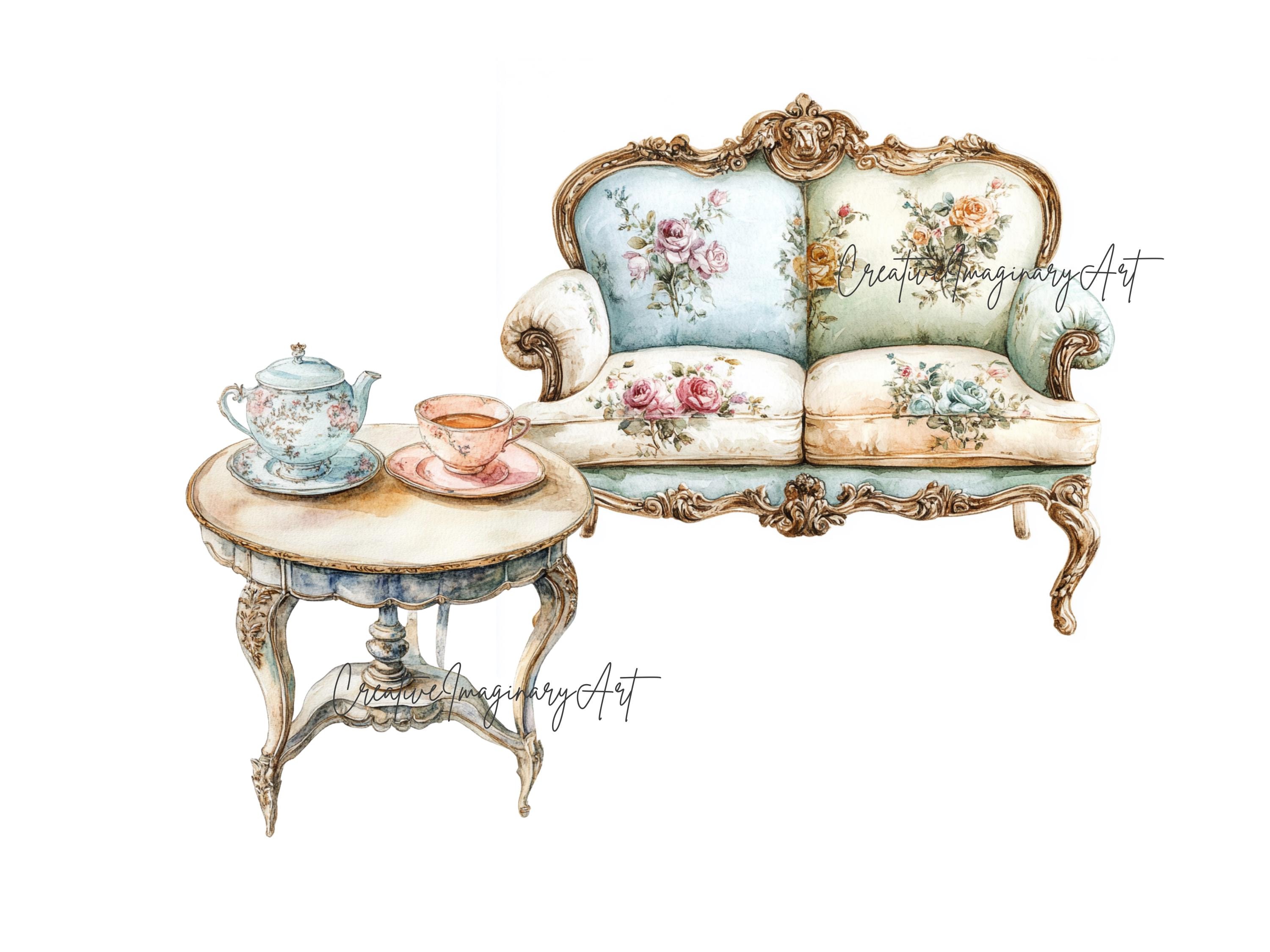 Antique Furniture Clipart, Vintage Sofa & Tea Table Illustration ...