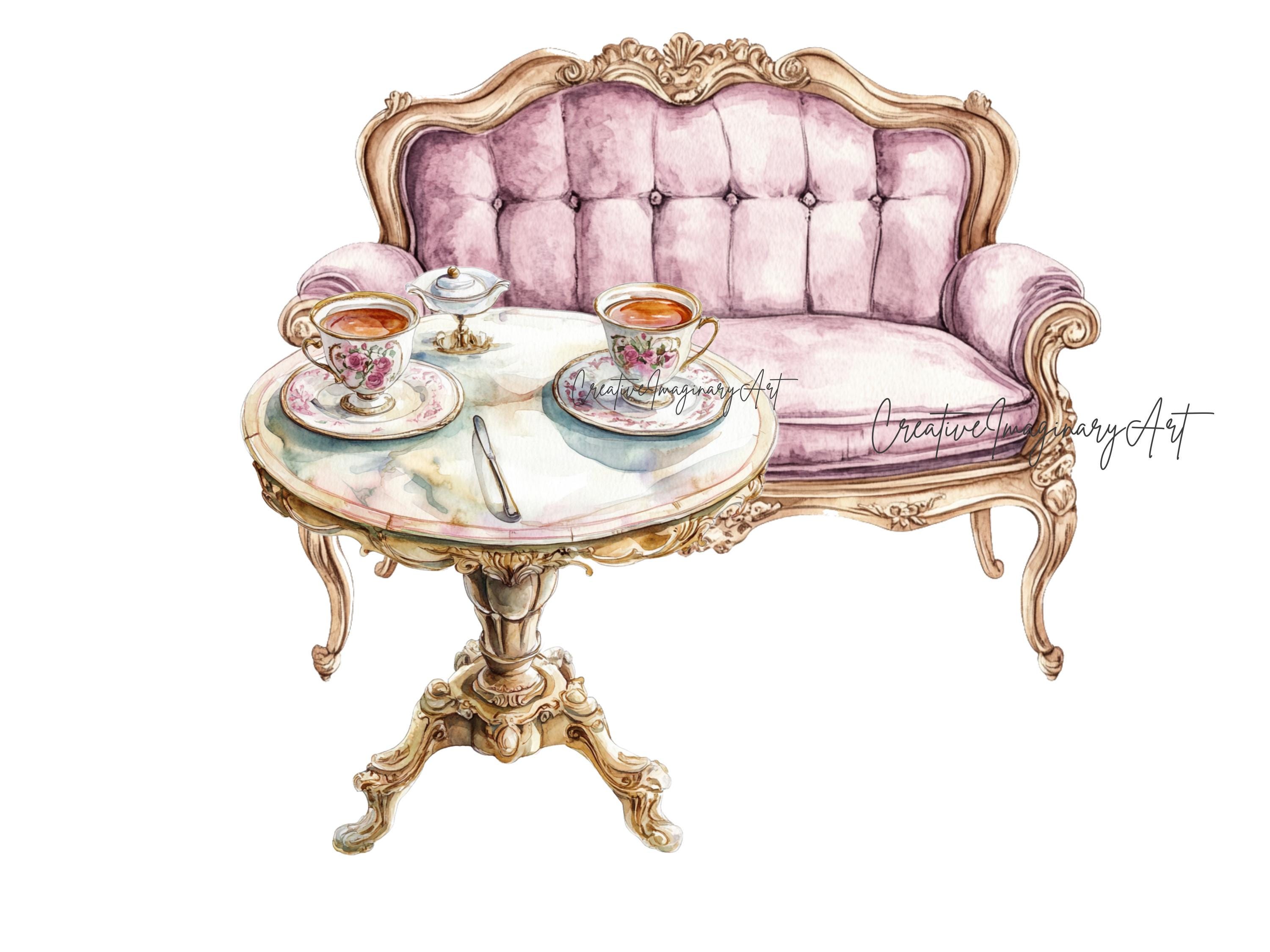 Antique Furniture Clipart, Vintage Sofa & Tea Table Illustration ...