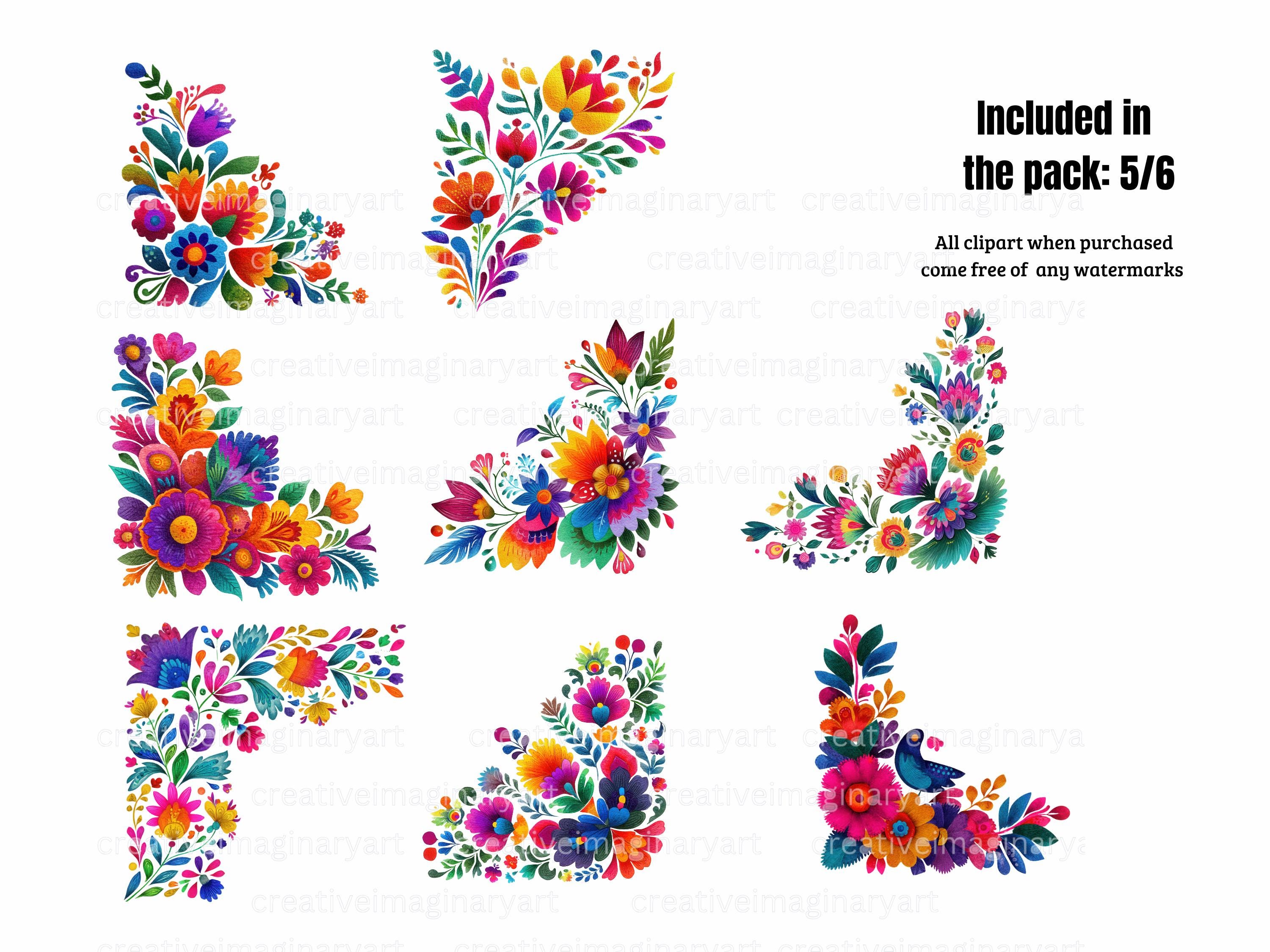 Otomi Flower Border Frames PNG Clipart Bundle: Mexican Folk Floral ...