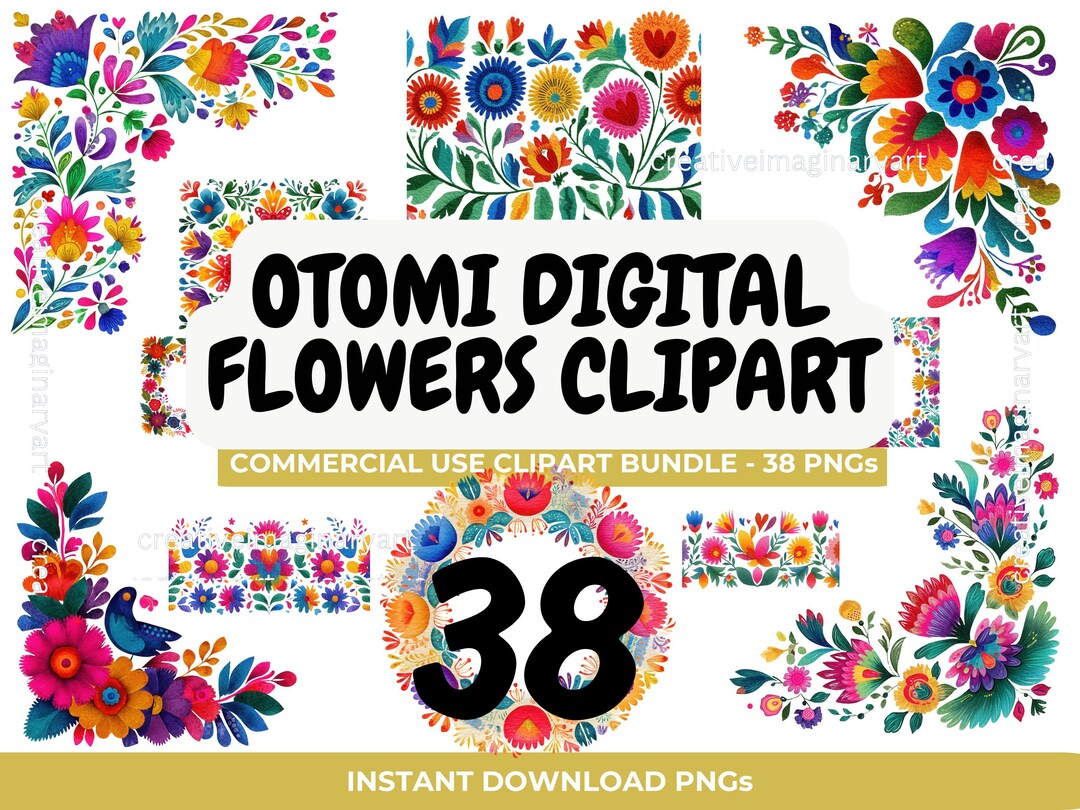 Otomi Flower Border Frames PNG Clipart Bundle: Mexican Folk Floral ...