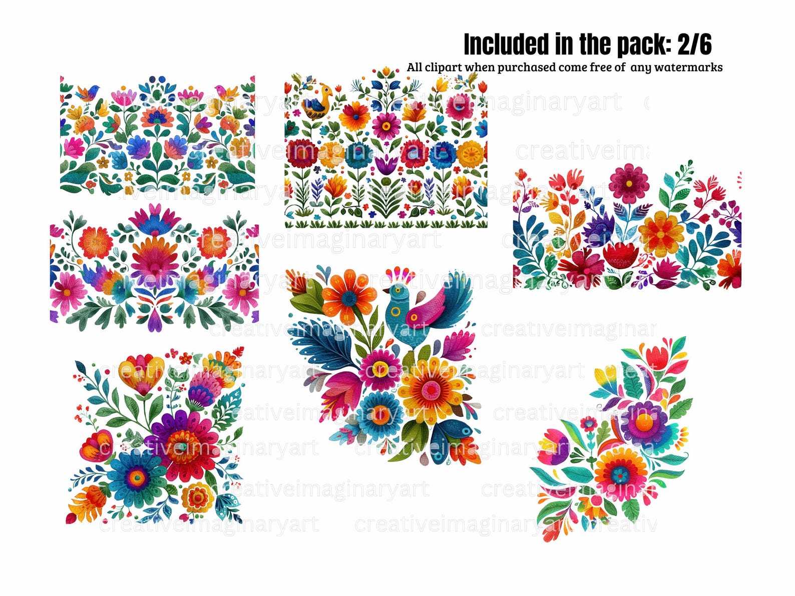 Otomi Flower Border Frames PNG Clipart Bundle: Mexican Folk Floral ...