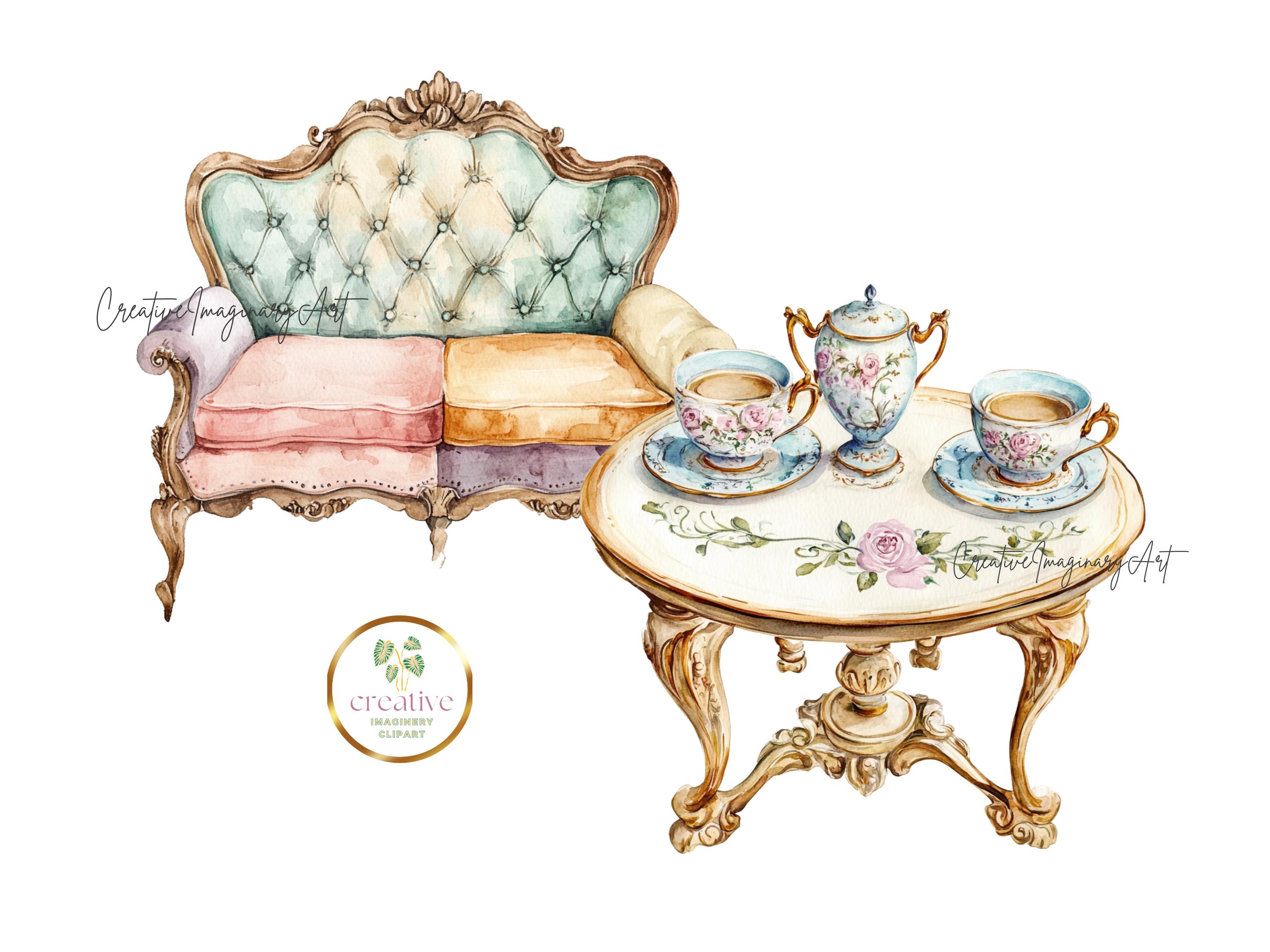 Antique Furniture Clipart, Vintage Sofa & Tea Table Illustration ...