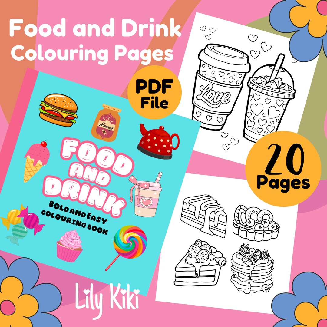 Food and Drink Colouring Book Pages / 20 Pages Set 2 / Bold and Easy ...