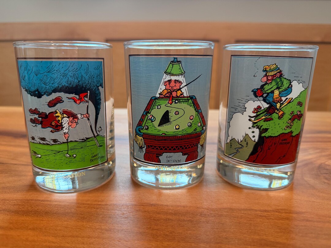 Vintage Gary Patterson Cartoon Glasses – Sports Humor Drinkware, Set of ...