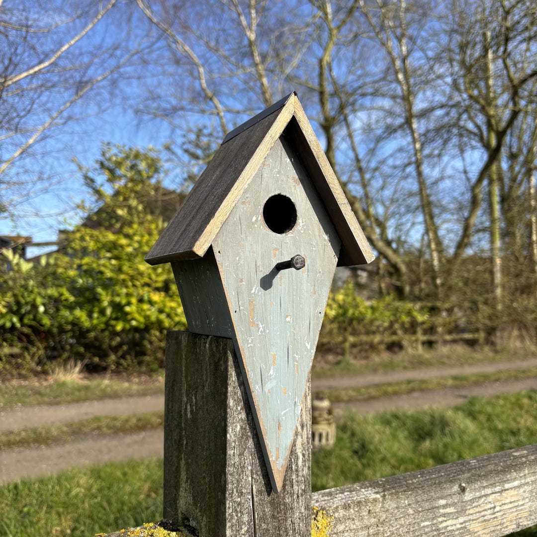 Vintage Slate Blue Birdhouse - Triangular Pitched Roof for Rustic ...