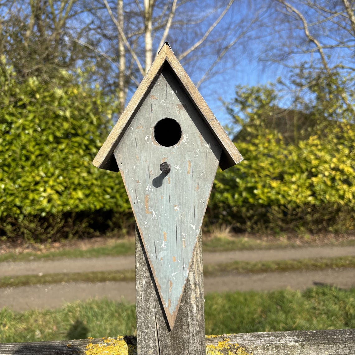 Vintage Slate Blue Birdhouse - Triangular Pitched Roof for Rustic ...