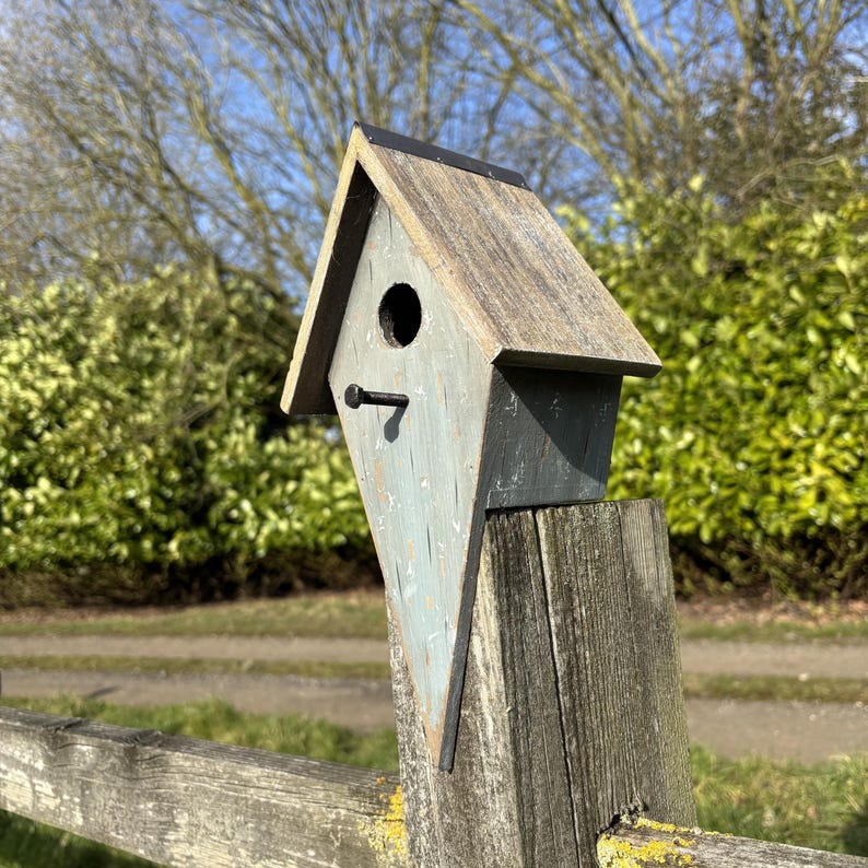 Vintage Slate Blue Birdhouse - Triangular Pitched Roof for Rustic ...