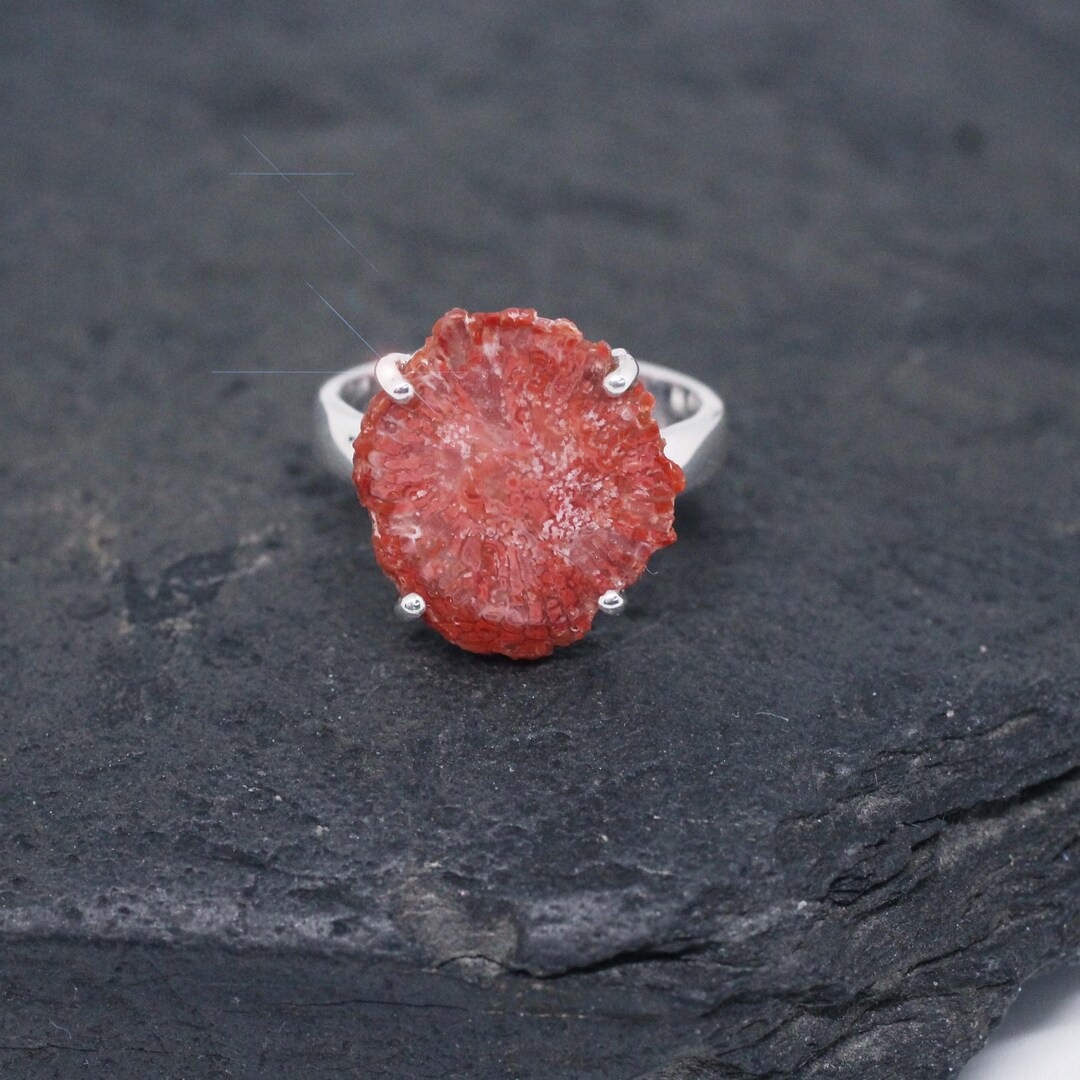 Red Horn Coral - Natural Rare Red Horn Coral Sterling Silver Ring, Size ...