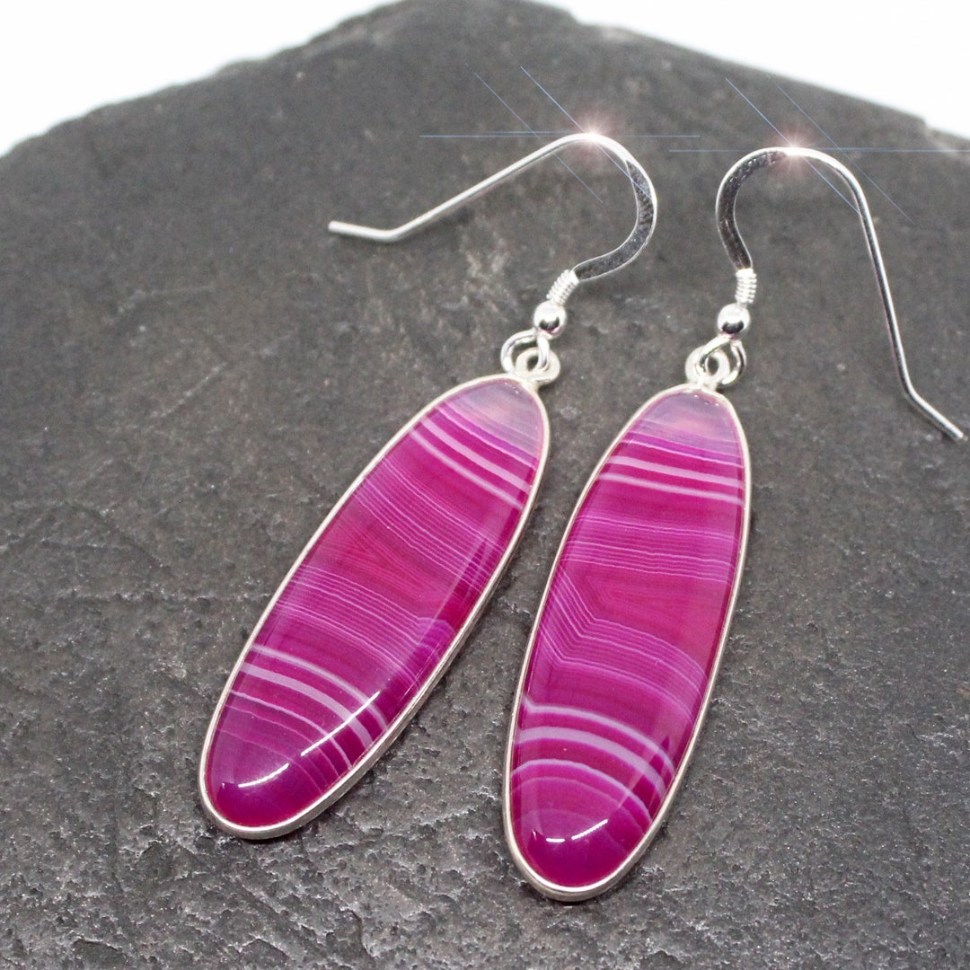 The Power of Pink - Hot Pink Banded Agate Sterling Silver Earrings - Etsy