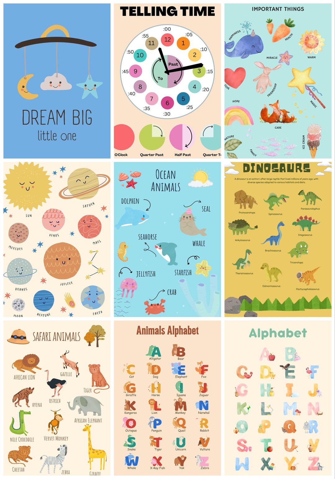 Kids Educational Poster Bundle Digital Download | 9 Learning Prints ...