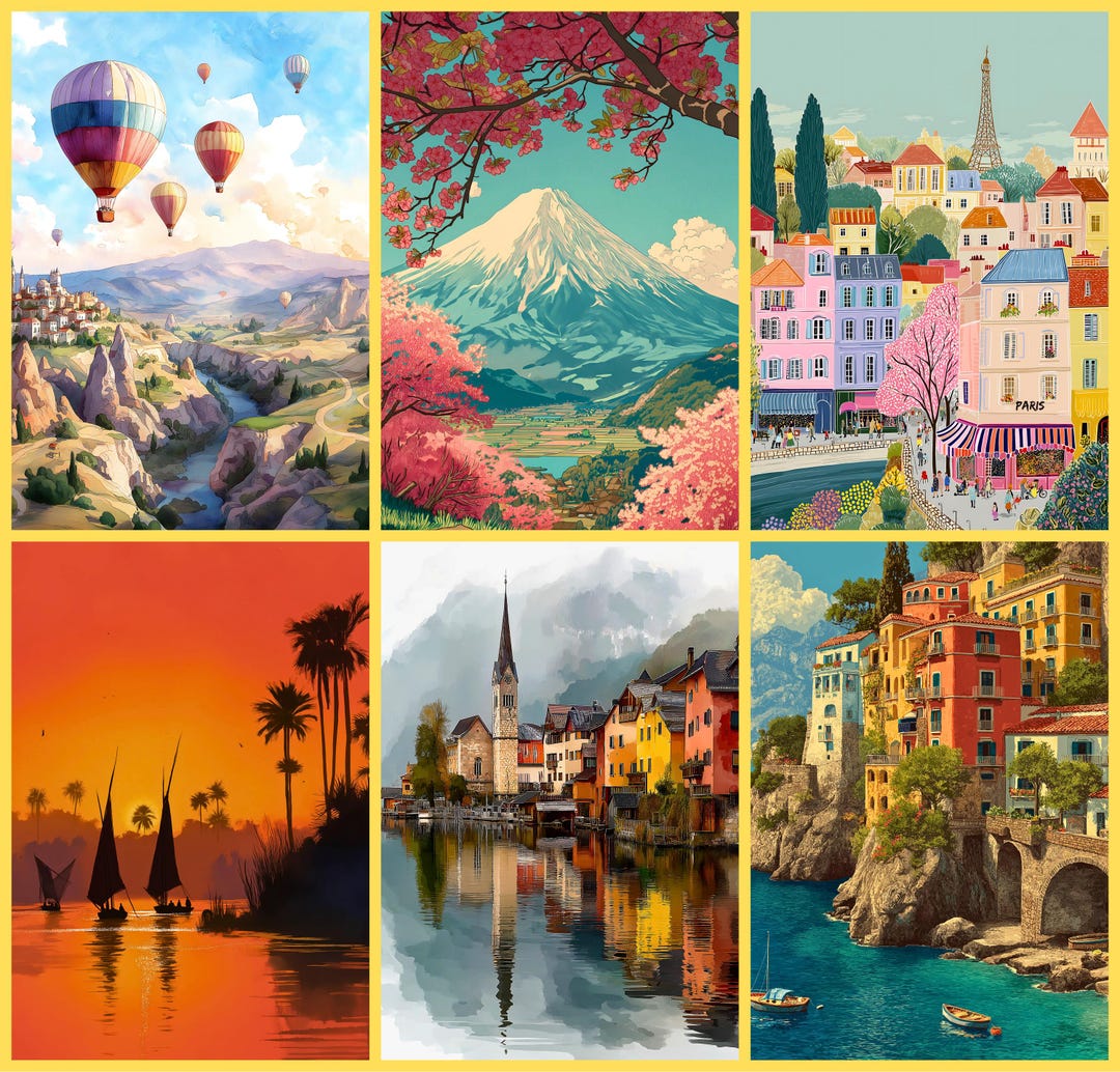 Travel Wall Art Illustration Set of 6 | Watercolour Portrait Posters ...