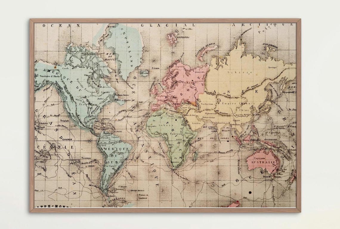 Vintage World Map of Continents Digital Download | Antique Map ...