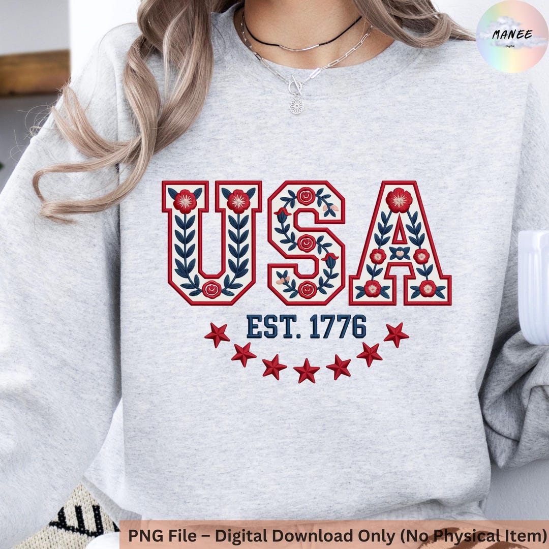 USA Est. 1776 Embroidery Style Png,patriotic Floral Letters Sublimation ...