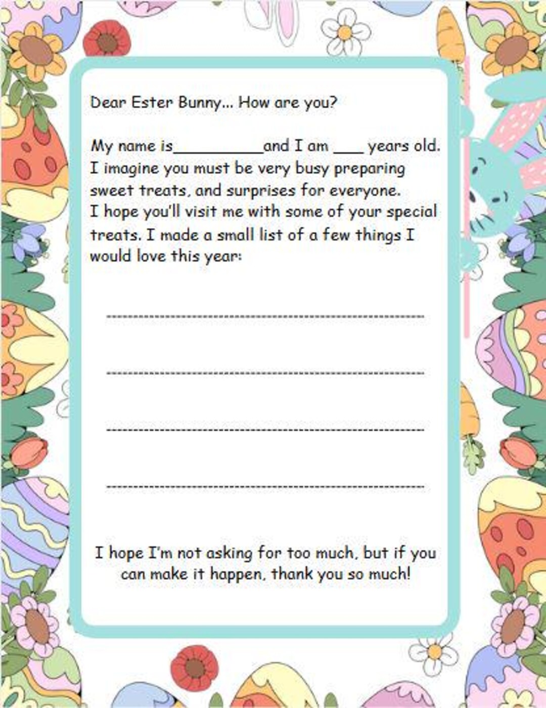 Dear Easter Bunny Letter Template – Printable Wish List for Kids ...