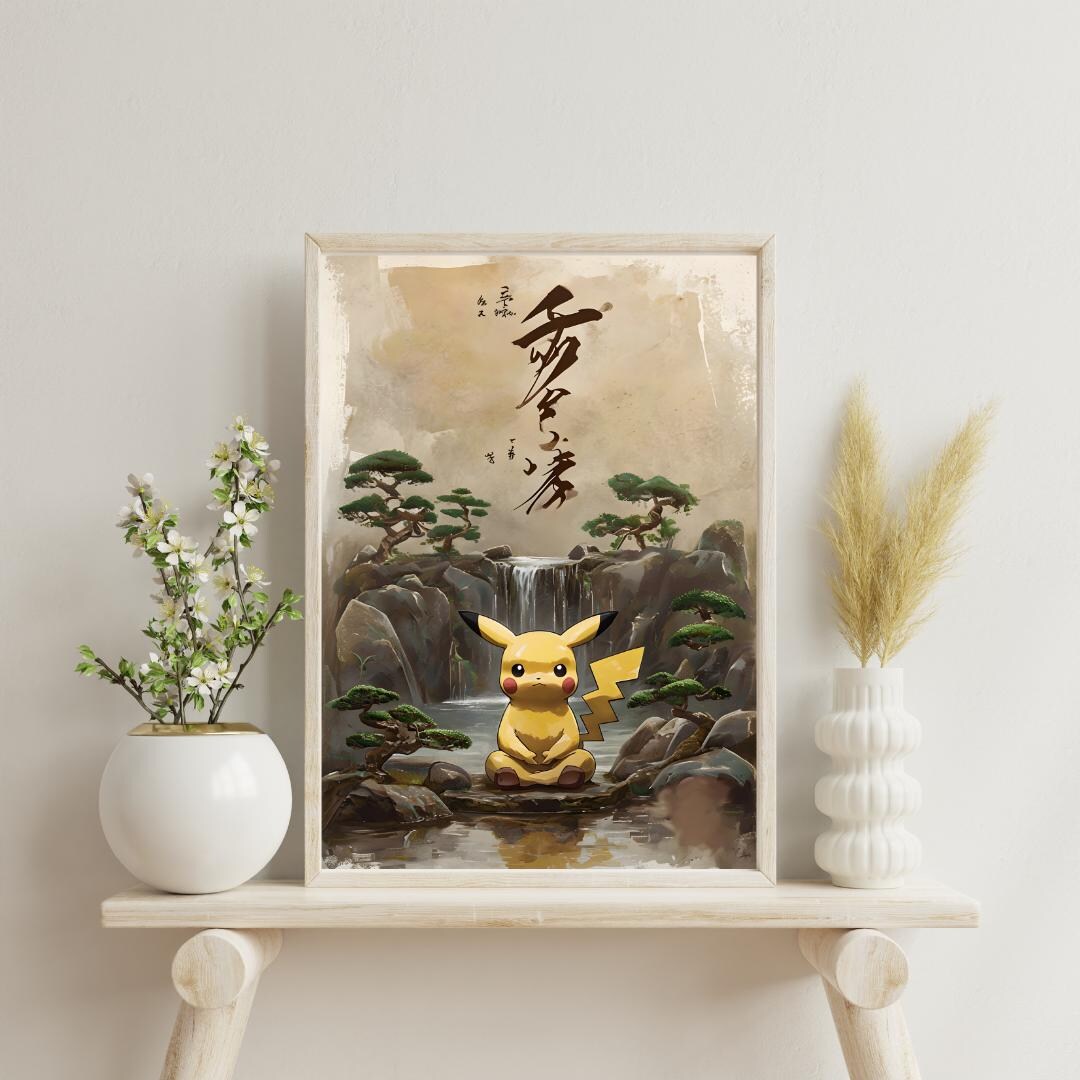 Vintage Pikachu Pokemon Poster - Japanese Tapestry Style Art, Pikachu ...