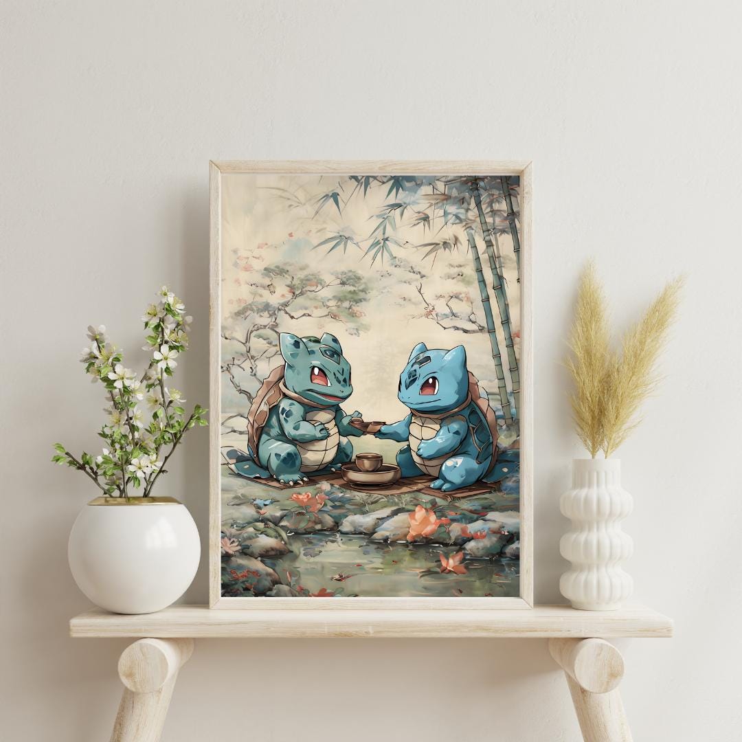 Bulbasaur and Squirtle Tea Poster - Japanese Ukiyo Style Tapestry Print ...